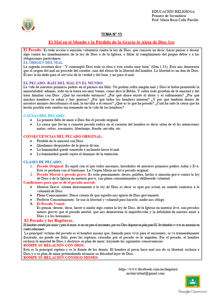 TEMA #15 - 1ro Sec. El Mal en El Mundo y La Perdida de La Gracia Te Aleja de Dios. | PDF ...