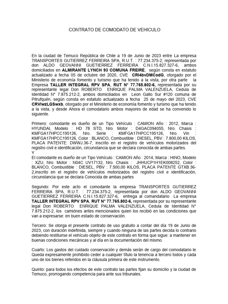Contrato de Comodato de Vehiculo | PDF | Vehículo de motor | Transporte