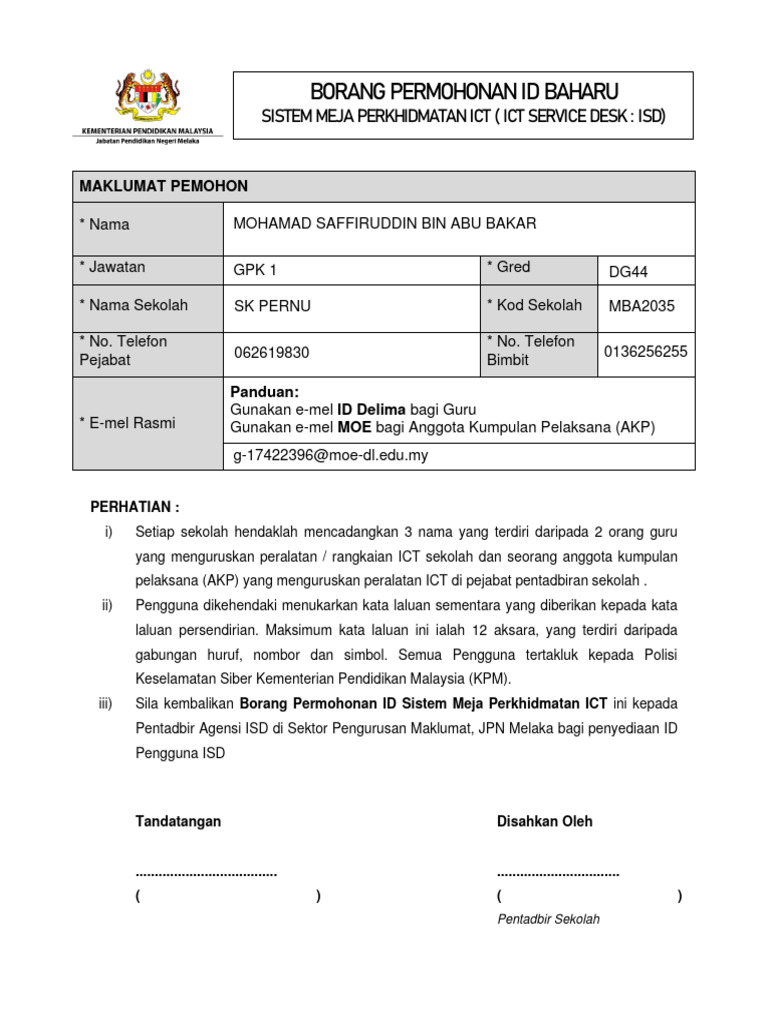 Borang Permohonan Id Sistem Isd KPM SK Pernu | PDF