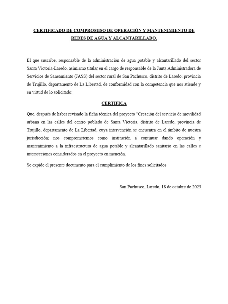Certificado de Compromiso de Operación y Mantenimiento Jass Santa ...
