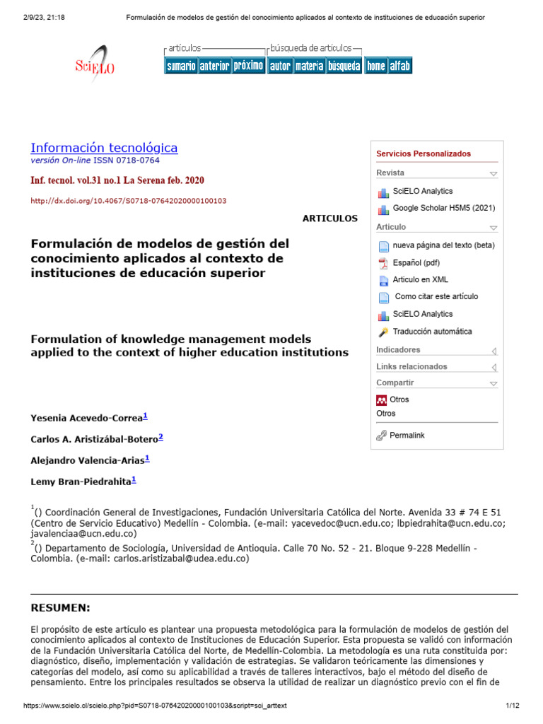 Formulación de Modelos de Gestión Del Conocimiento Aplicados Al Contexto de Instituciones de ...