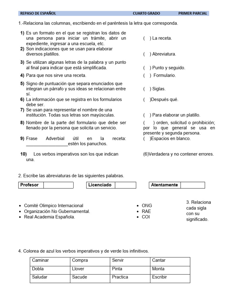Repaso de Español Cuarto Grado | PDF | Lingüística