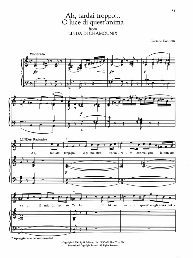 Ah, Tardai Troppo O Luce Di Quest' Anima (Linda Di Chamounix) | PDF