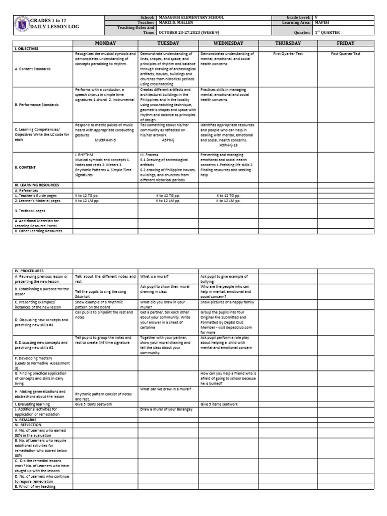 Grade 5 DLL MAPEH 5 Q1 Week 10 | PDF | Rhythm | Learning