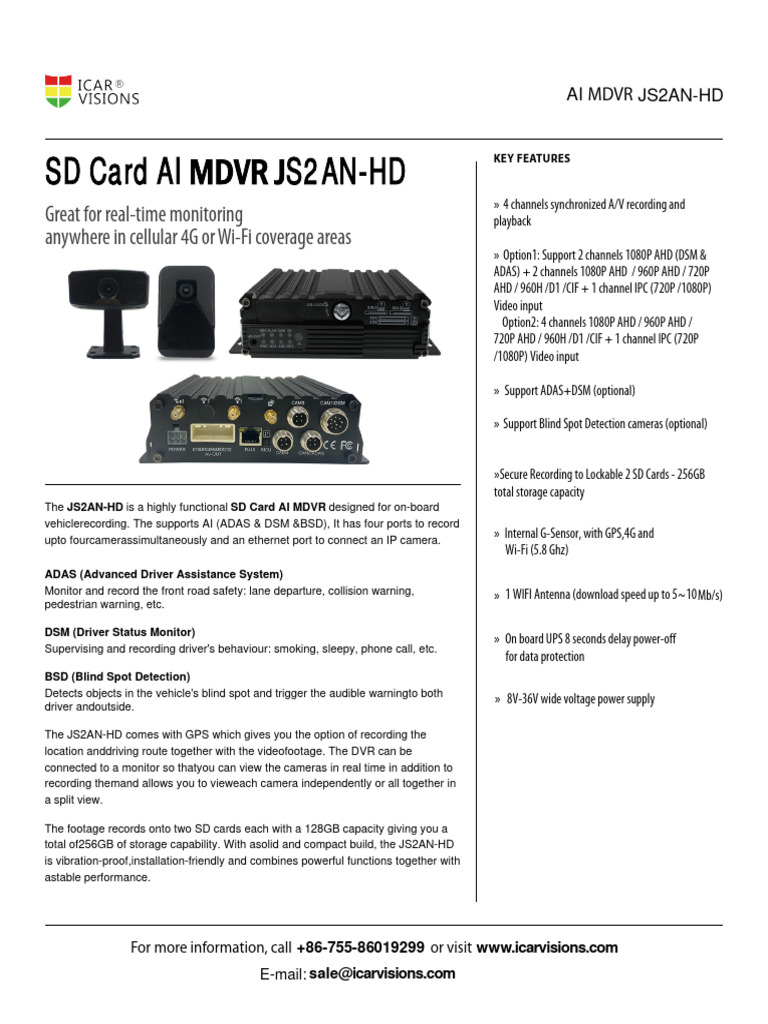 SD Card AI MDVR JS2AN HD Spec Sheet | PDF | Accelerometer | Video