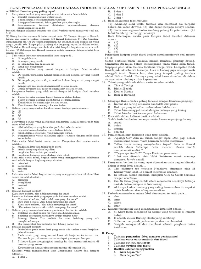Soal Penilaian Fabel Kelas 7 | PDF