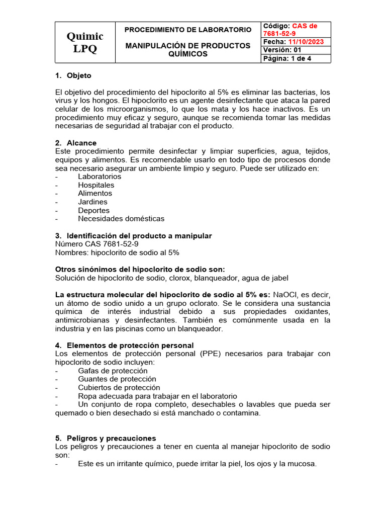 Manipulacion de Productos Quimicos | PDF | Blanqueador | Agua Manipulacion de Productos Quimicos | PDF | Blanqueador | Agua