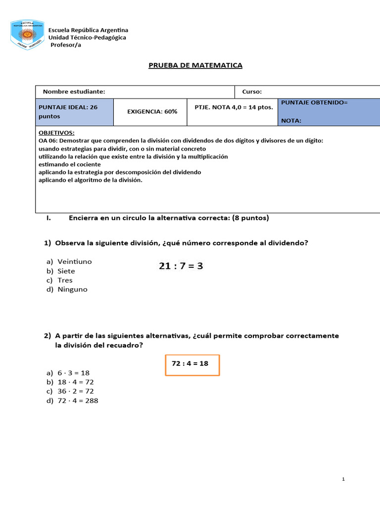 Prueba de Divisiones para 4to Básico | PDF | División (Matemáticas ...