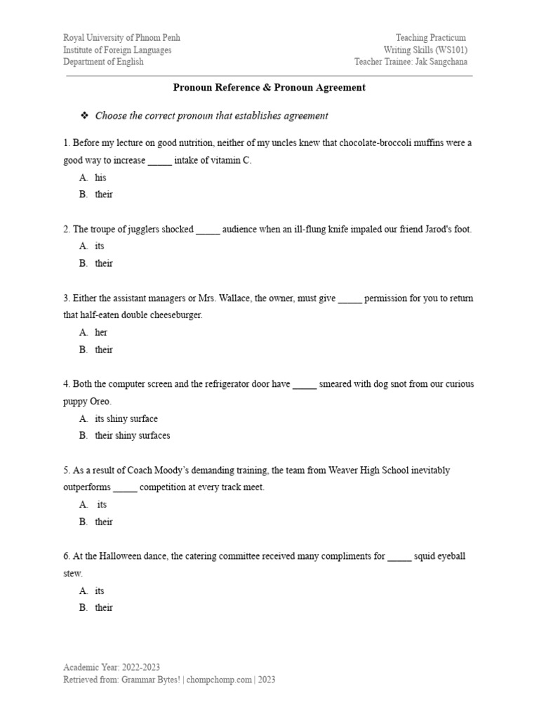 Pronoun Agreement Practice Exercises | PDF