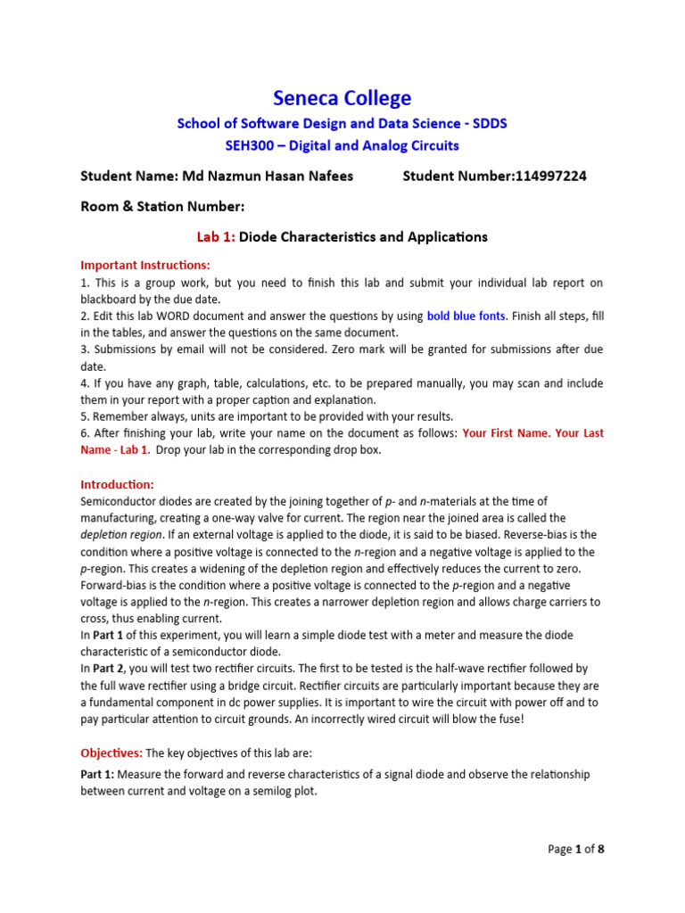 Lab 1 - Diode Characteristics and Applications | PDF | Rectifier | Diode