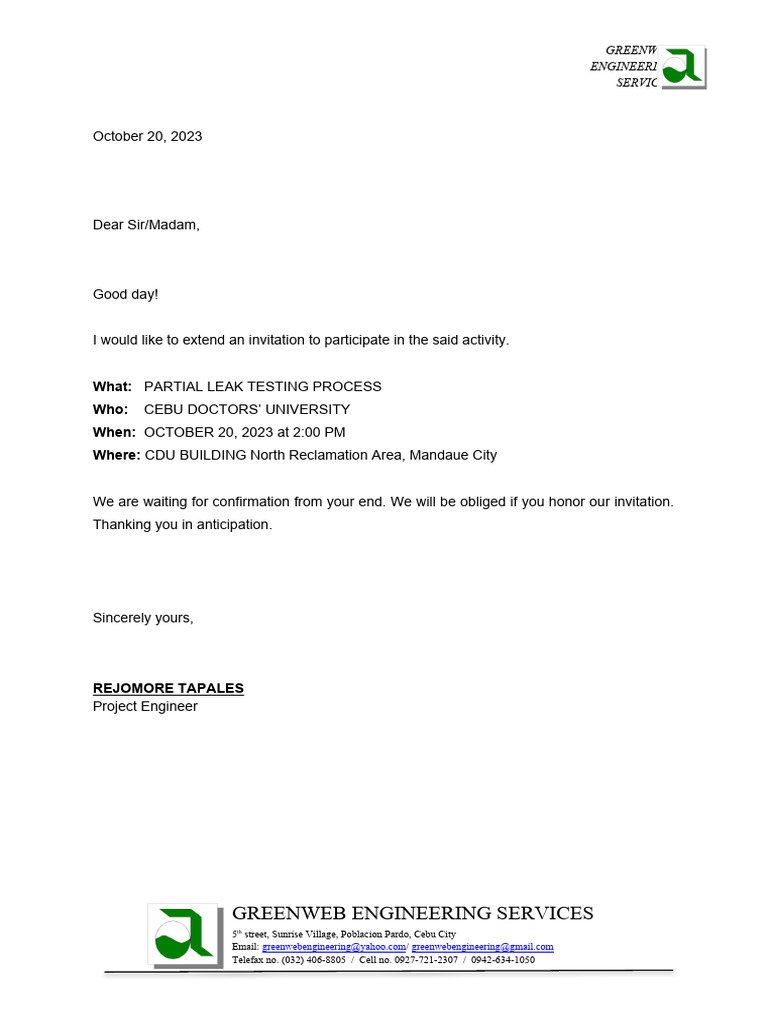 Letter of Invitation For Leak Testing | PDF