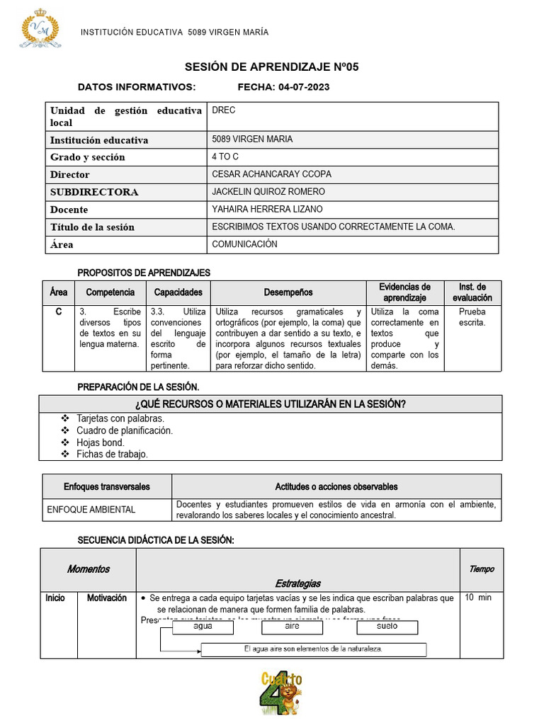 Sesion de Aprendizaje 04-07-2023 - C | PDF | Aprendizaje Sesion de Aprendizaje 04-07-2023 - C | PDF | Aprendizaje