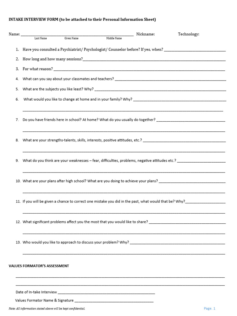 Intake Interview Form | PDF | Attitude (Psychology) | Social Psychology