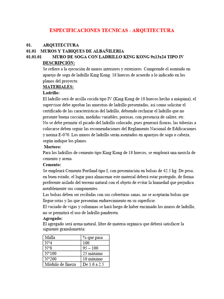 Especificaciones Tecnicas - Arquitectura | PDF | Hormigón | Ladrillo