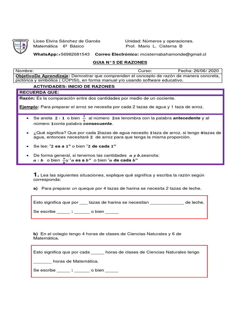 Guía de Razones para 6º Básico | PDF | Proporción