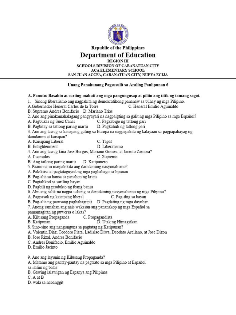 Unang Panahunang Pagsusulit Sa Araling Panlipunan 6 | PDF Unang Panahunang Pagsusulit Sa Araling Panlipunan 6 | PDF