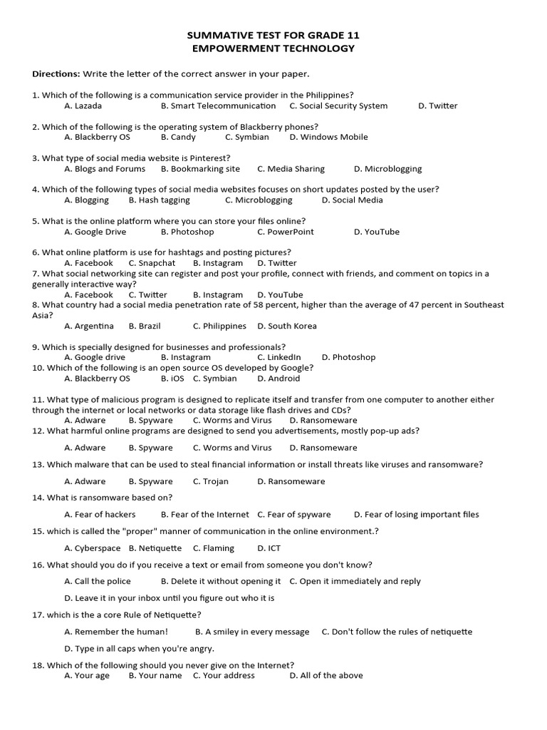 WEEK 1 SUMMATIVE TEST FOR GRADE 11 E-Tech | PDF | Popular Culture ...