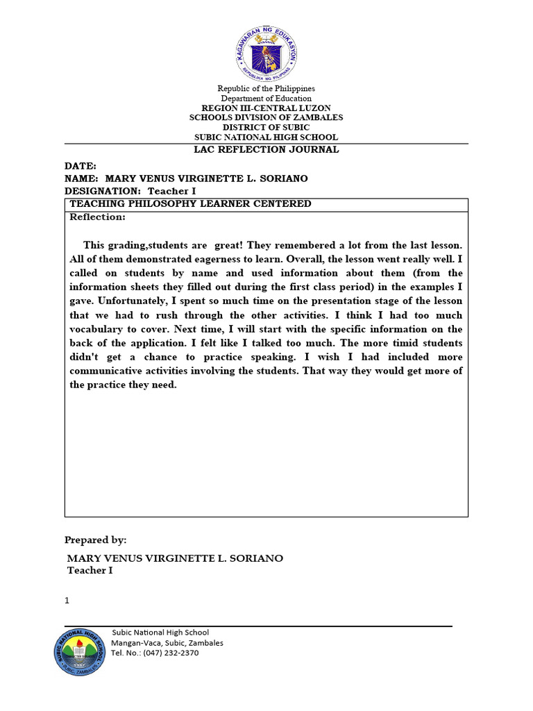 Teacher Reflection on Learner-Centered Lesson | PDF