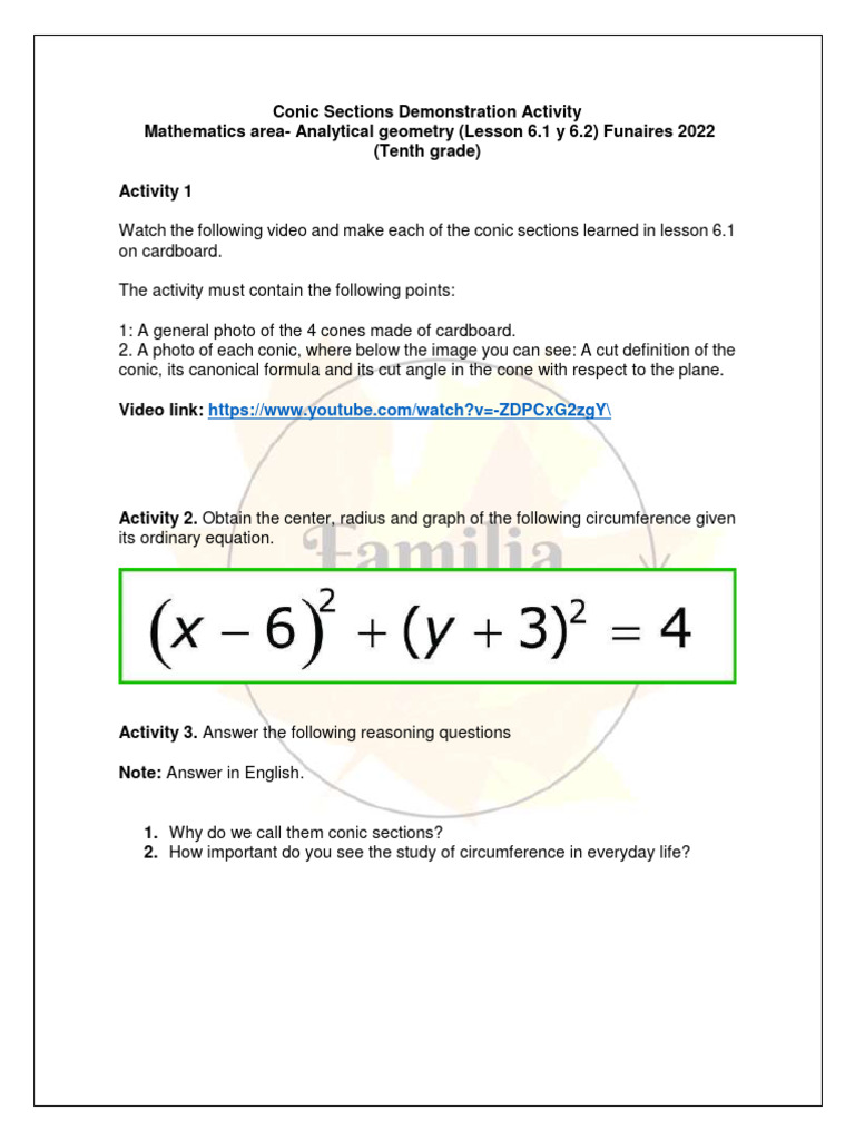 Conic Sections Activity Pdf
