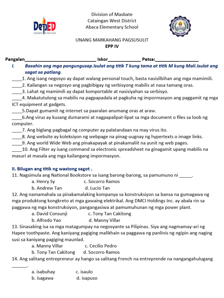 K To 12 First Grading Epp Pdf