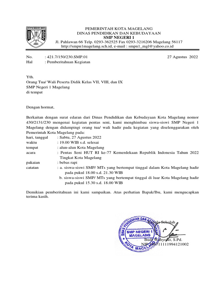 5 - Surat Pemberitahuan Kegiatan Sekolah | PDF