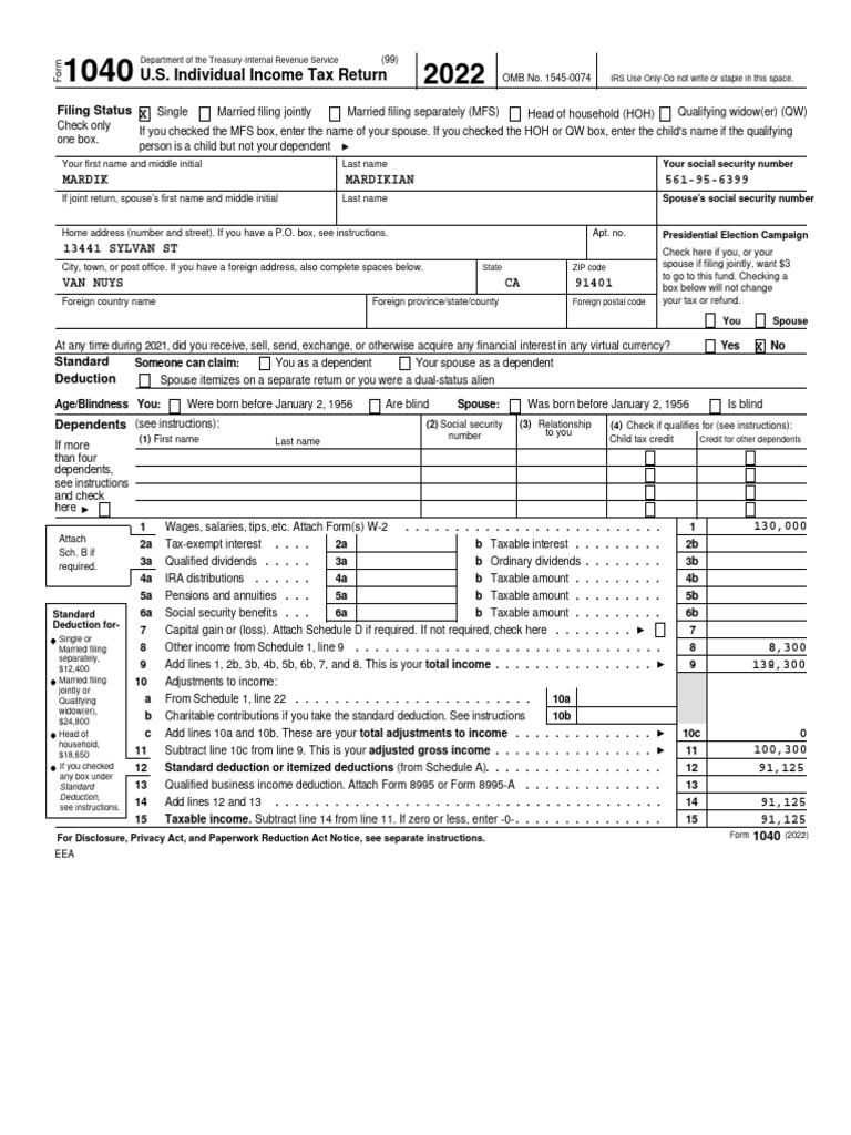 Tax Return 2022 Mardik Mardikian | PDF | Irs Tax Forms | Tax Refund