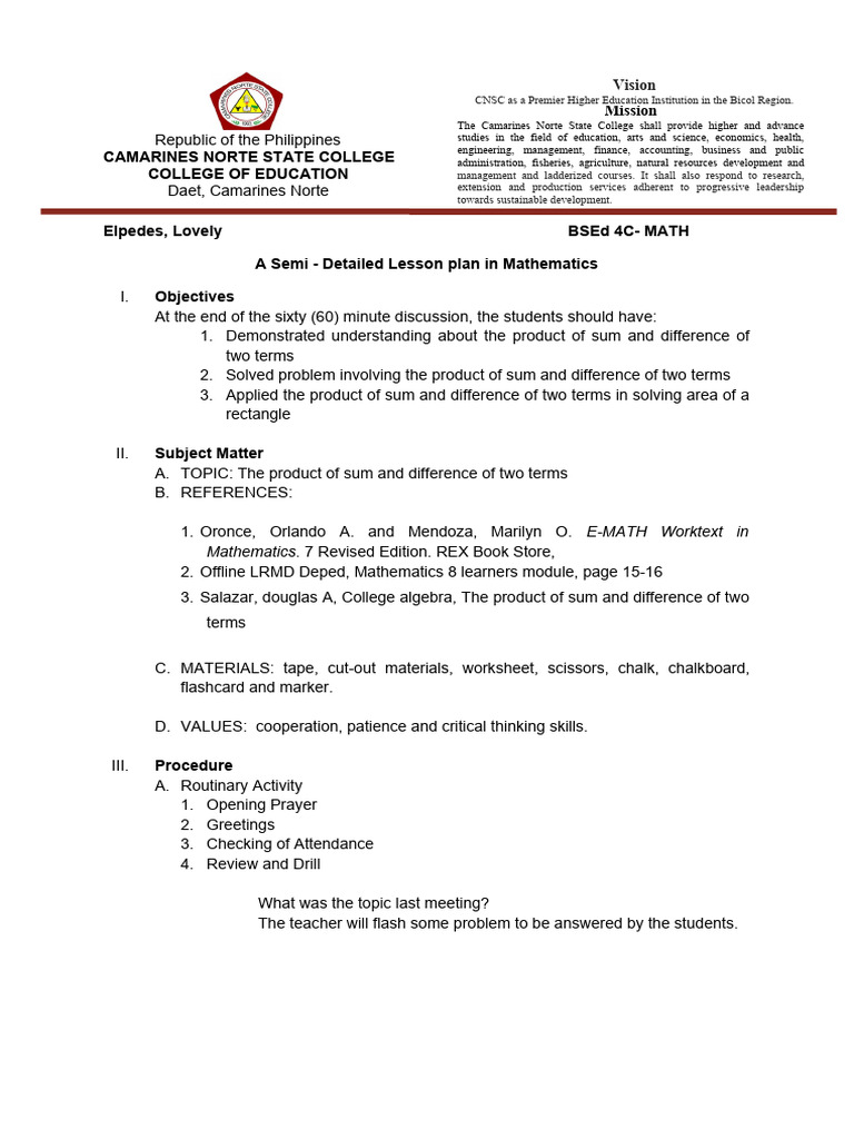 Semi-Detailed Math Lesson Plan | PDF | Area | Length