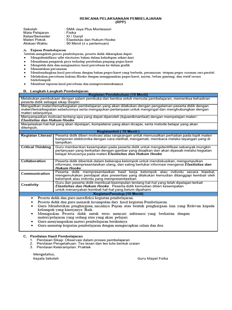 RPP Fisika-Kelas XI-Bab 2 - Elastisitas Dan Hukum Hooke | PDF