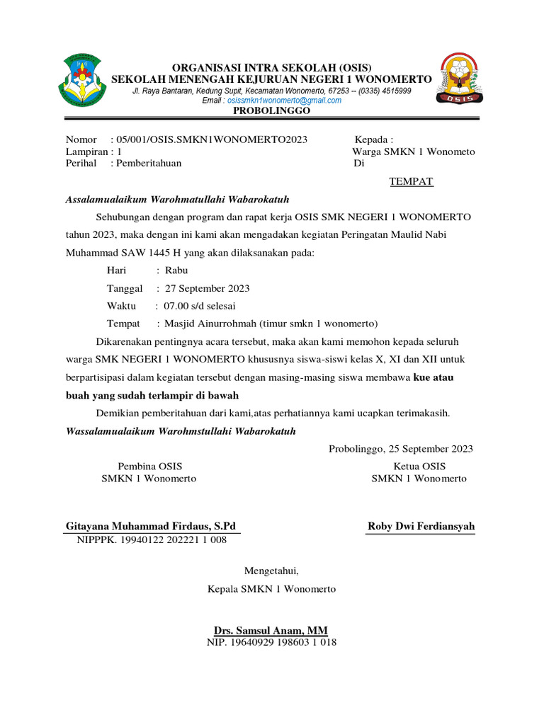 Surat Pem Maulid Osis 2023 | PDF