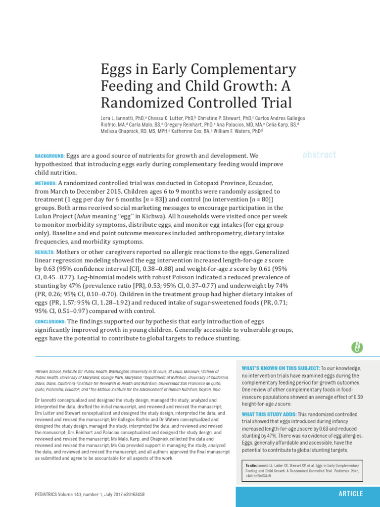 Eggs in Early Complementary Feeding and Child Growth | PDF