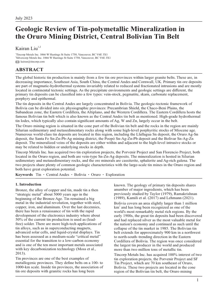 Geologic Review of Oruro Tin Deposits | PDF | Andes | Rock (Geology)