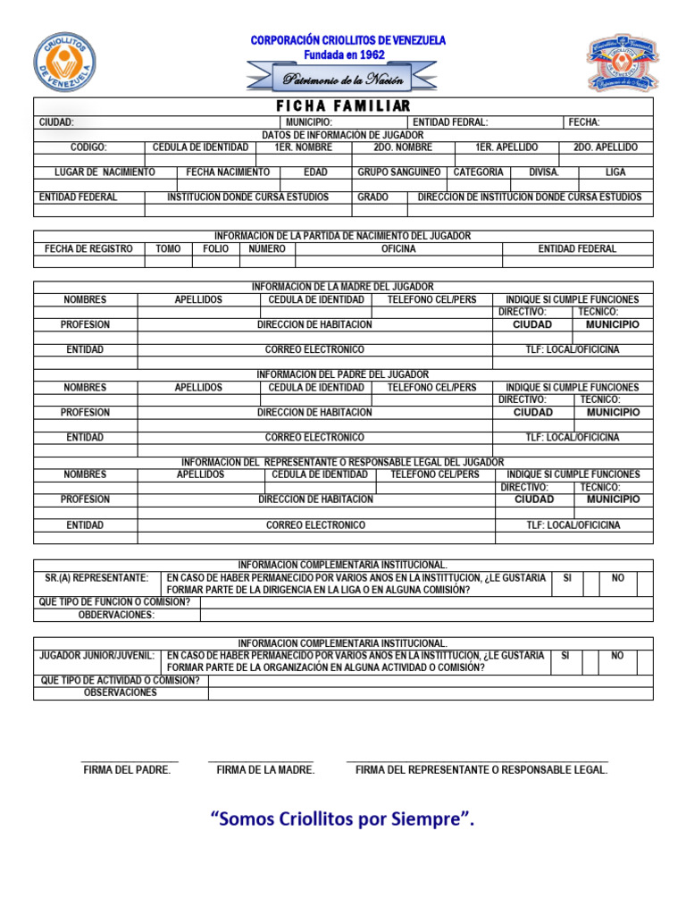 Modelo de Ficha Familiar de Ingreso A La Corporación Criollitos de ...