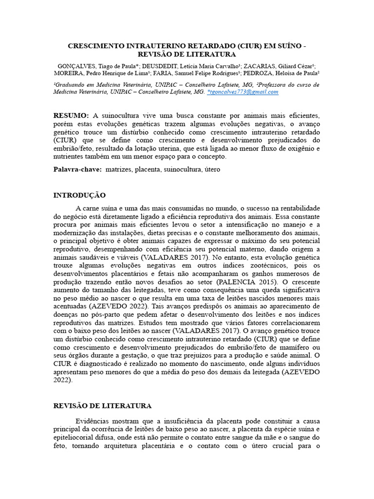 Crescimento Intrauterino Retardado (Ciur) em Suíno - Revisão de ...