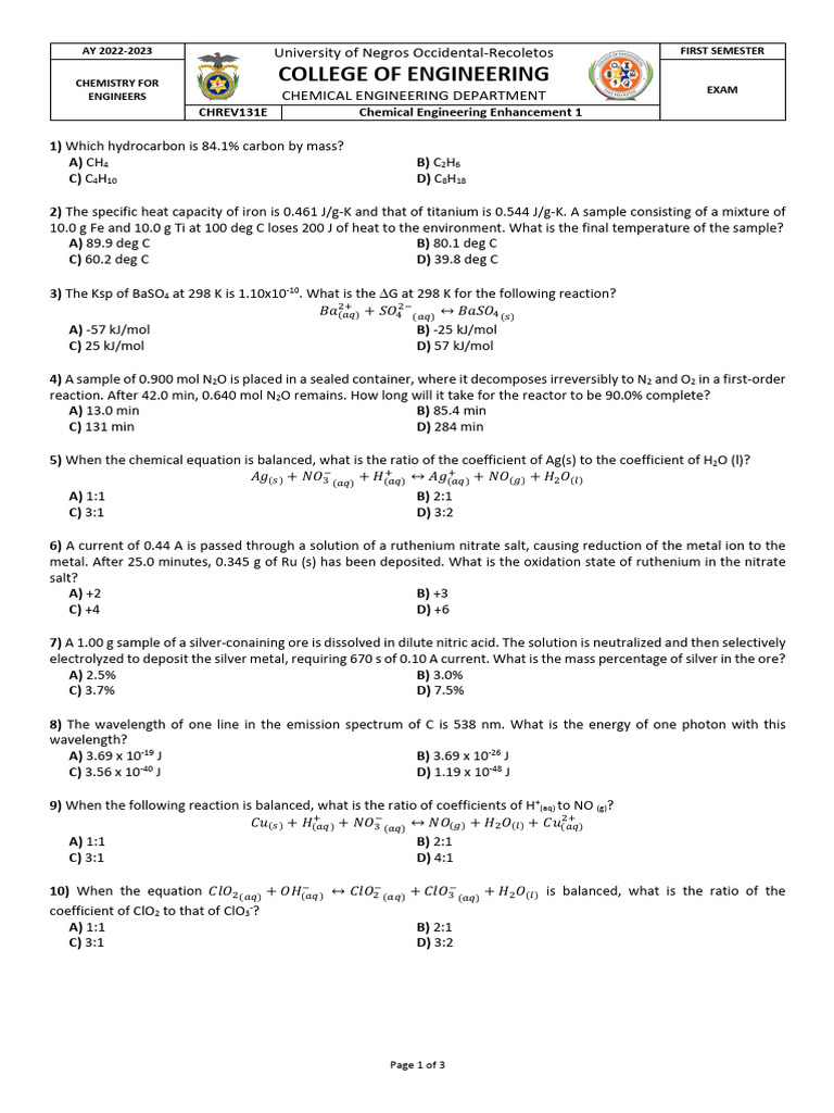 01 - CHREV131E - Exam 1 - Chemistry For Engineers - 25 | PDF | Mole ...