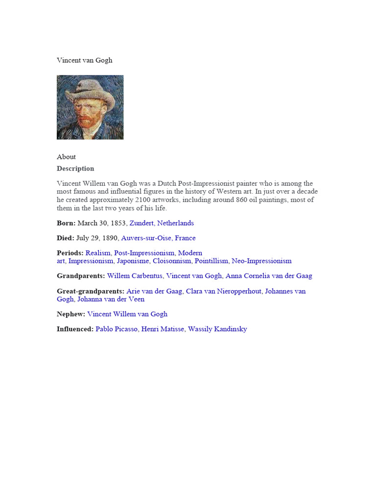 Vincent Van Gogh Biography | PDF