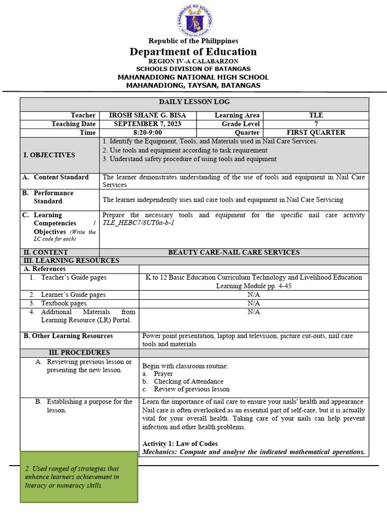 Cot Plan in Tle | PDF | Learning | Nail (Anatomy)