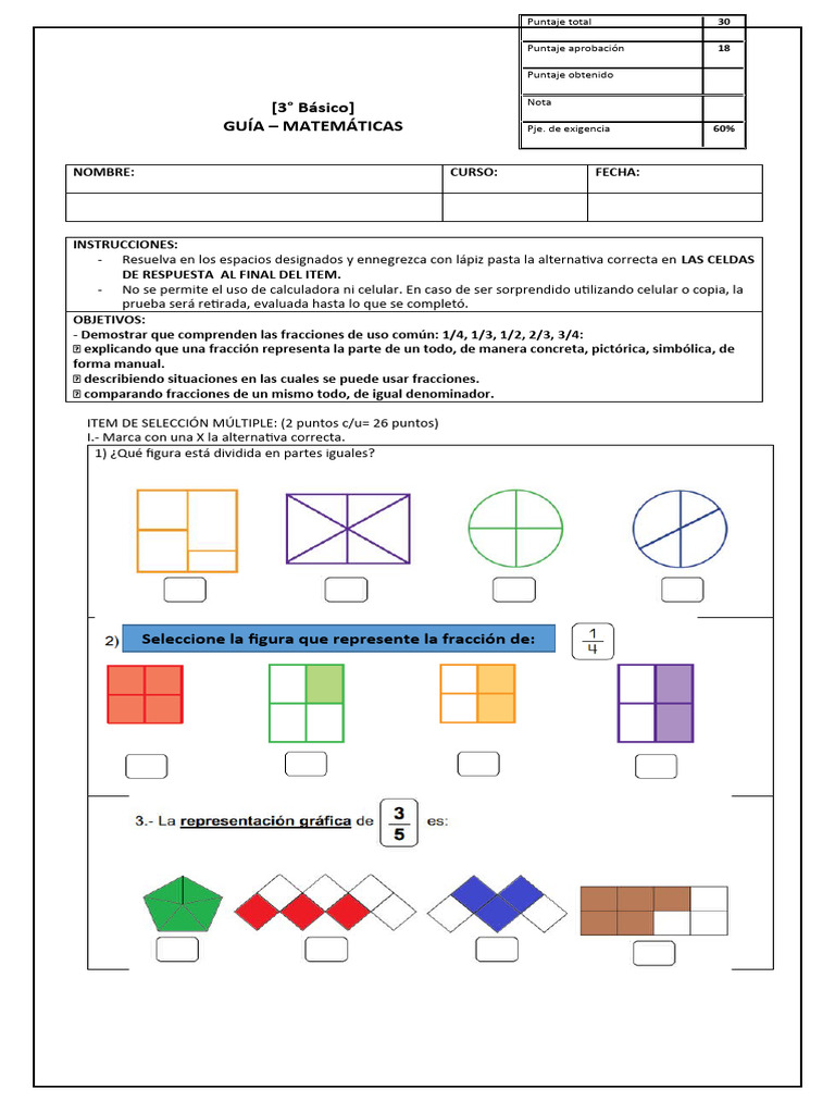 Prueba Fracciones 3ro Revisada Por Pie | PDF