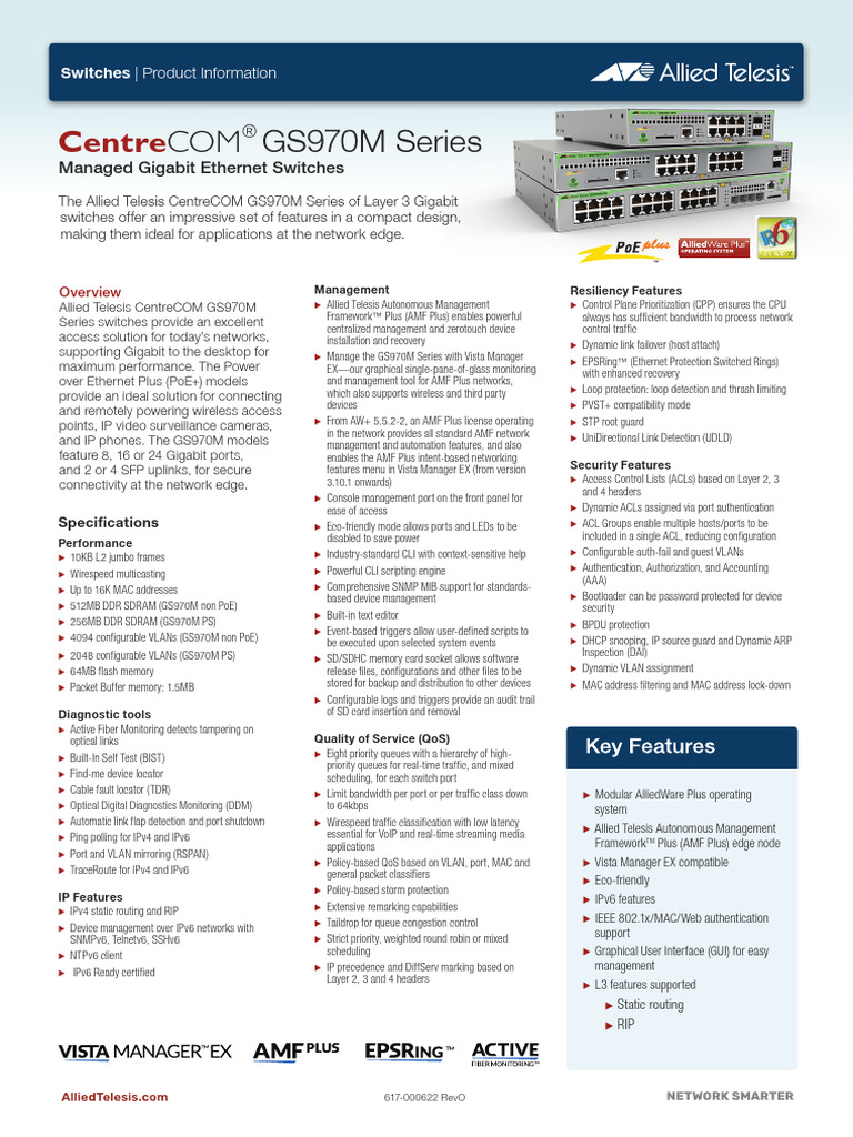 Allied Telesis GS970M Series Datasheet | PDF | I Pv6 | Internet Protocols