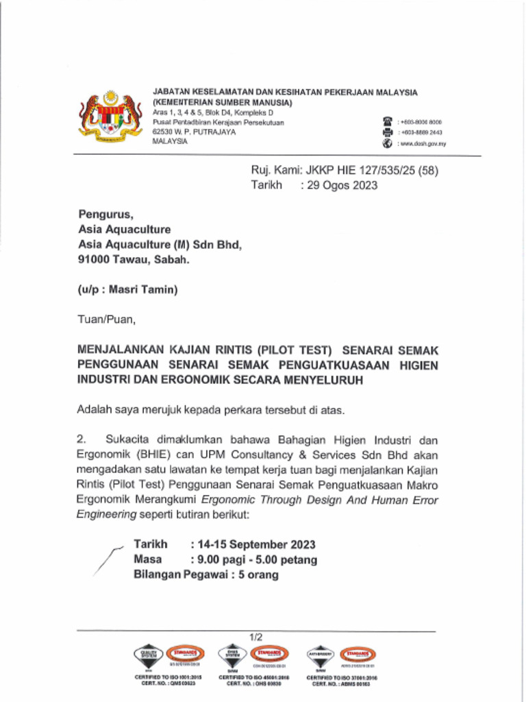 Pilot Test of Checklist Hygiene Ergonomic - TPP 14-15sep JKKP | PDF