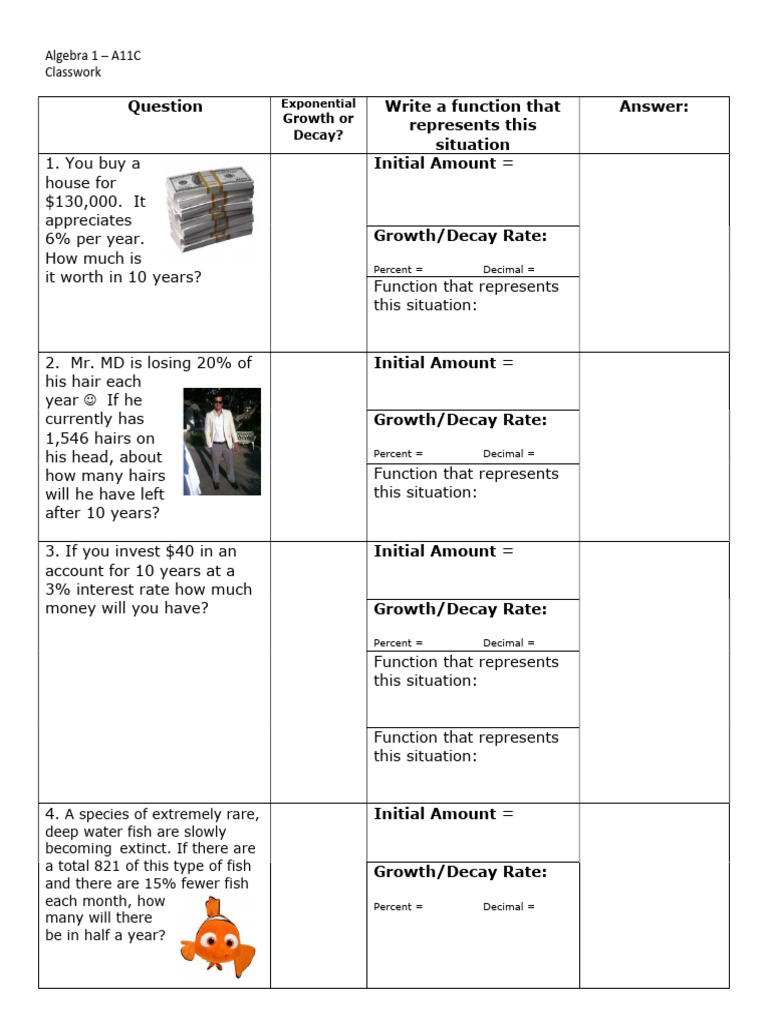 Growth and Decay Worksheet Grade 9 | PDF