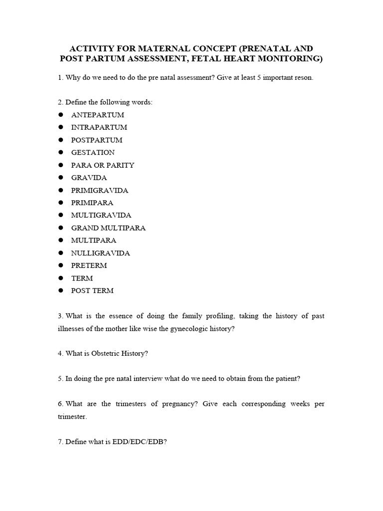 Activity For Maternal Concept Pre Post Partum Assessment | PDF