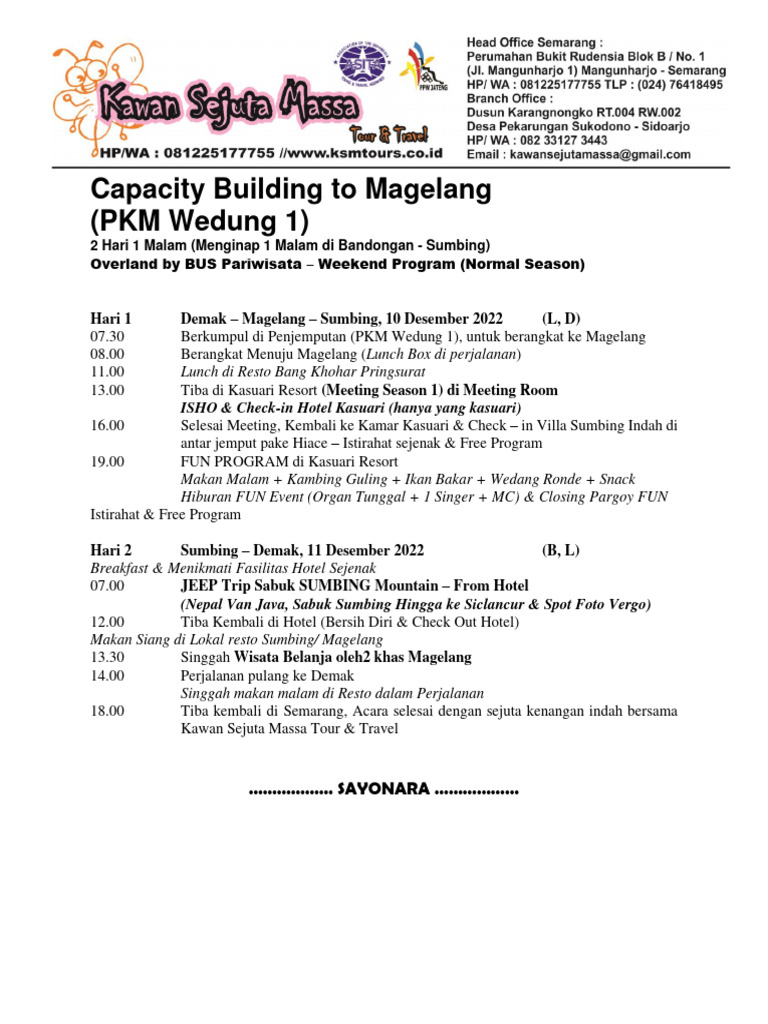Magelang 2D1N TH 2022 FUN Program 60 Pax PKM Wedung 1 New | PDF