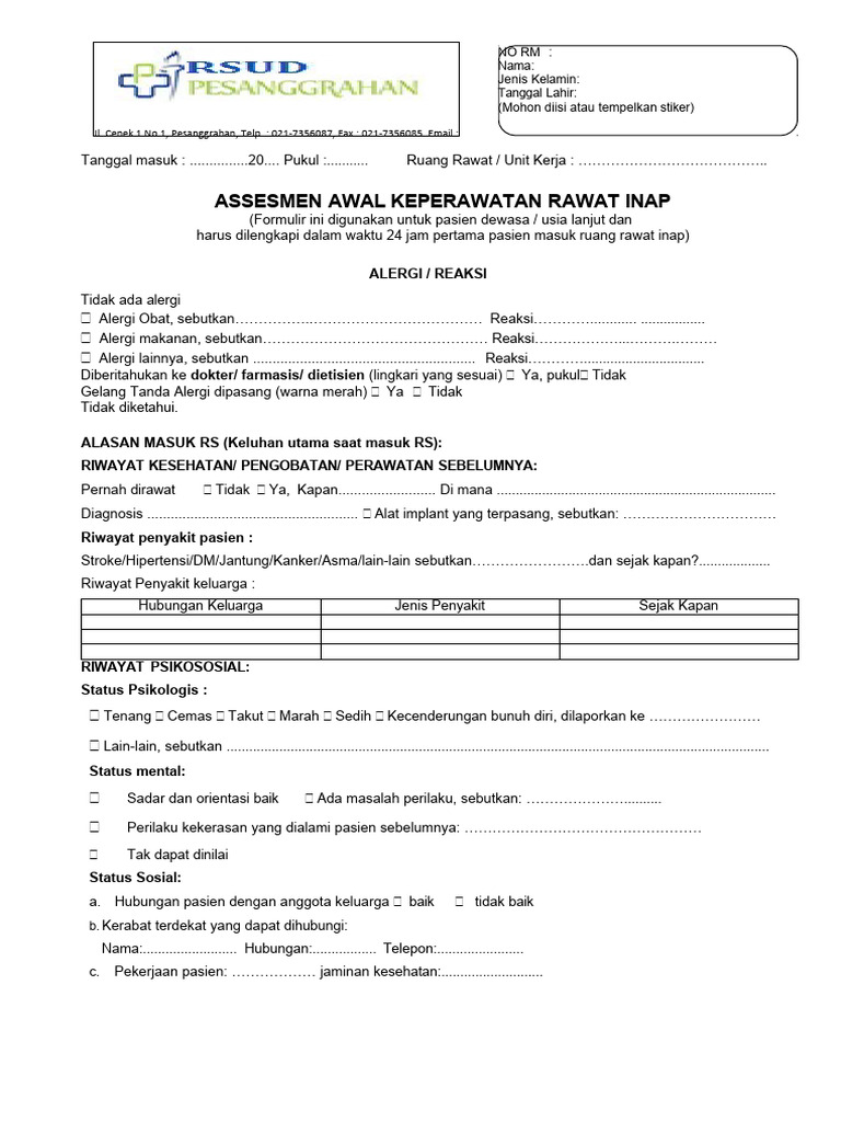 PDF Form Asesmen Awal Keperawatan Rawat Inap AP 11 Rsud Pesanggrahan | PDF