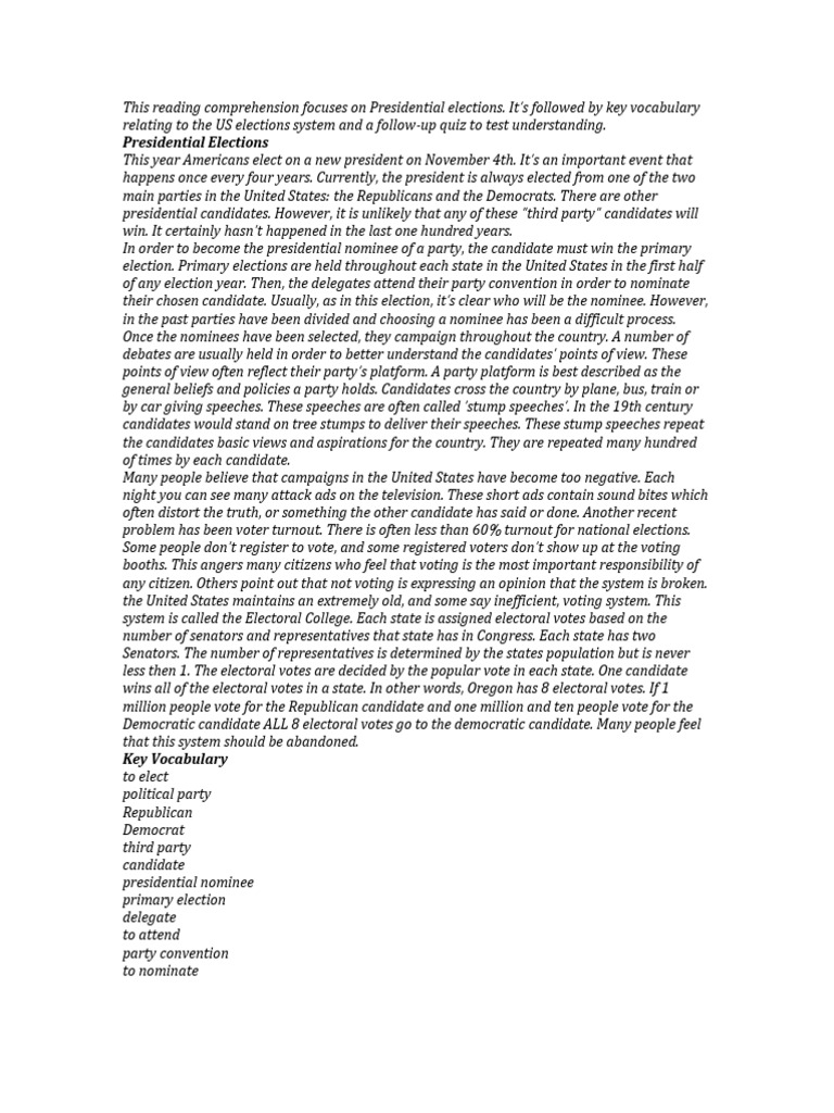 This Reading Comprehension Focuses On Presidential Elections | PDF ...