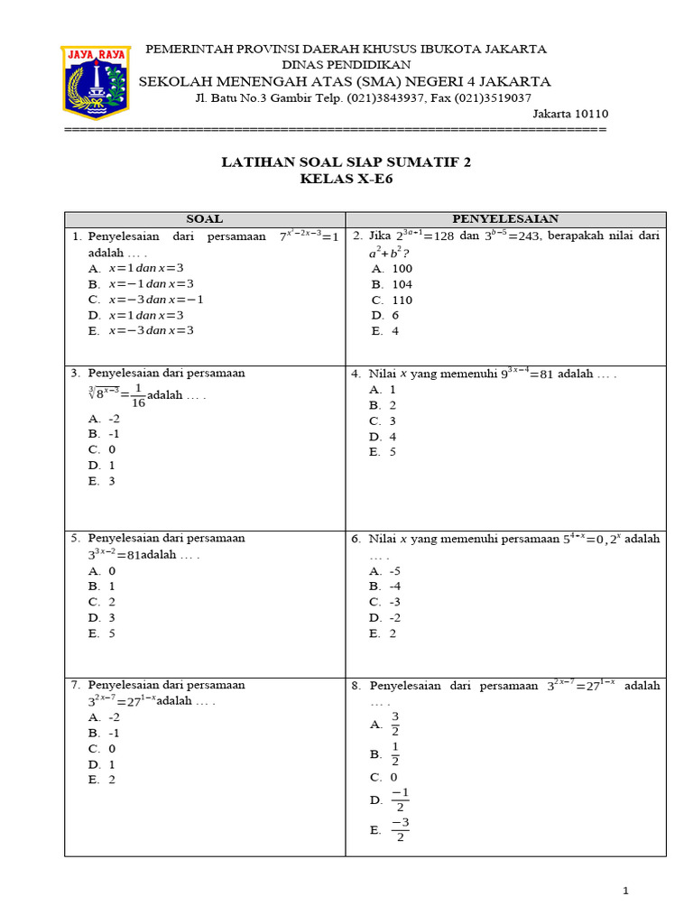 Latihan Soal Sumatif Persamaan Eksponen | PDF