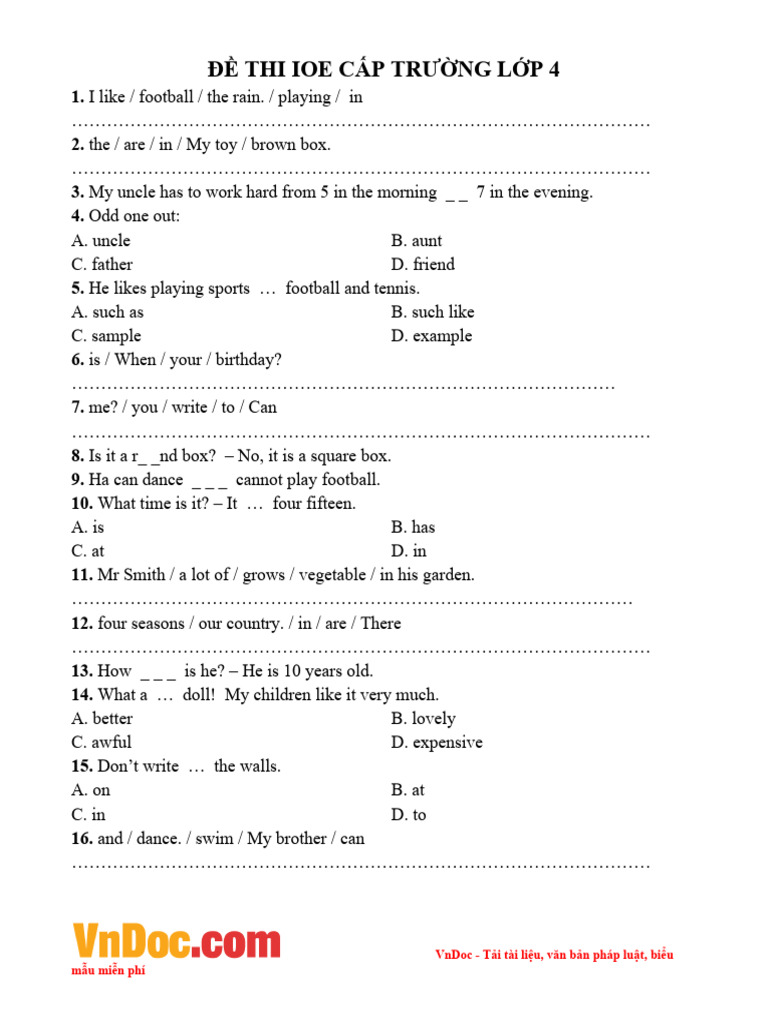 Bai Tap Luyen Thi Ioe Lop 4 | PDF