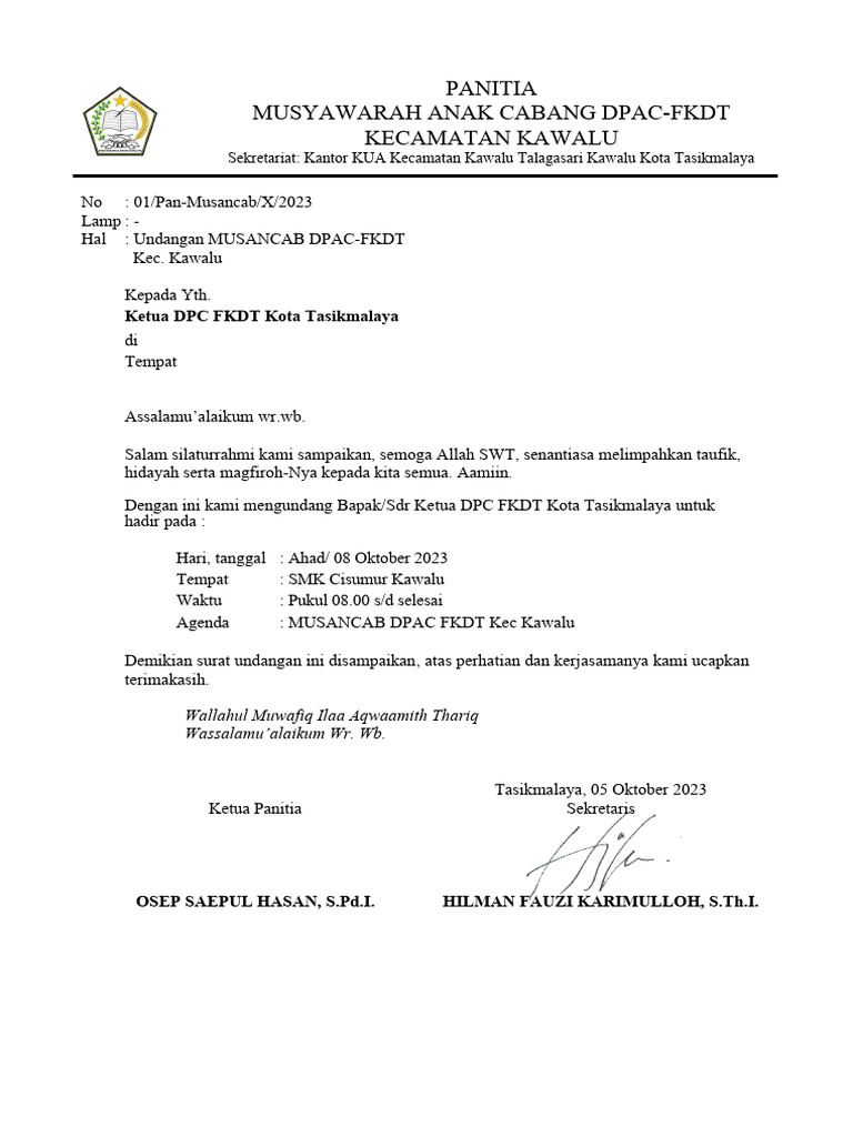 Surat Undangan Muscam DPC FKDT | PDF