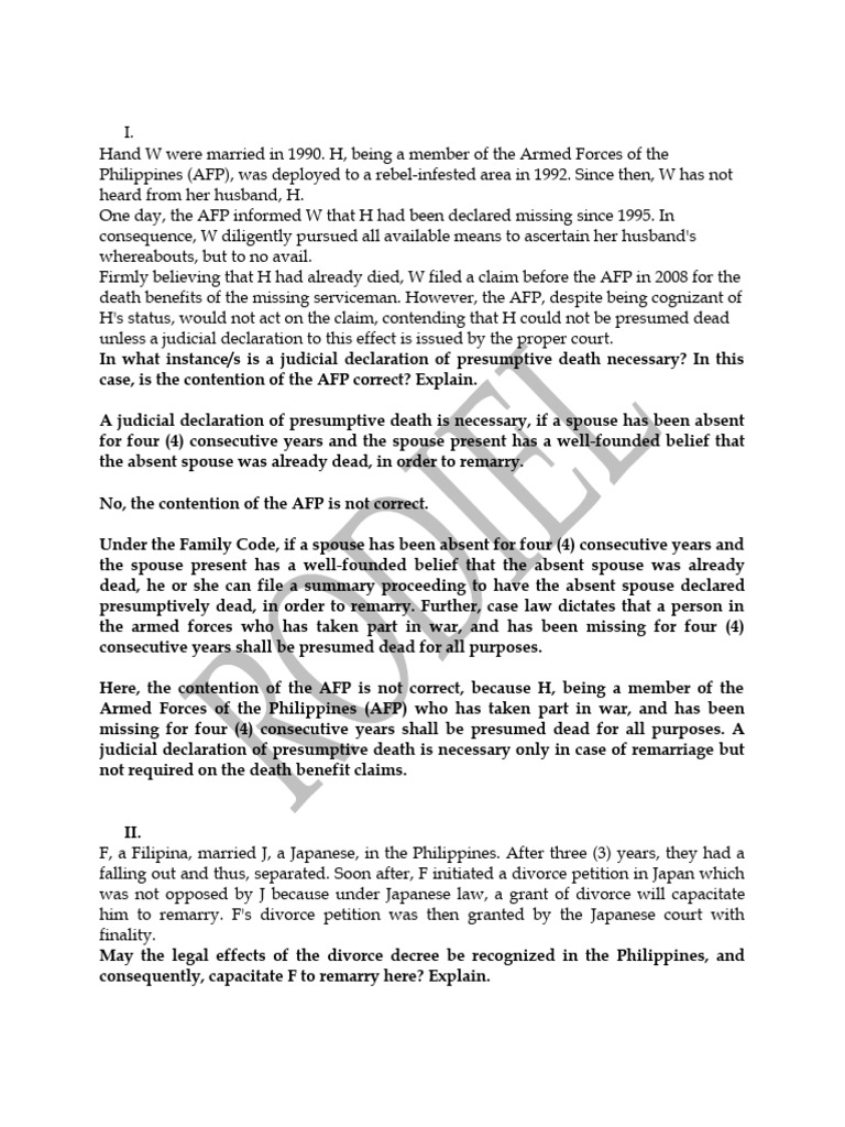 SAMPLE QUESTIONS - PERSONS W: ANSWERS | PDF | Annulment | Marriage