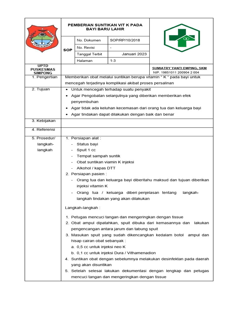 Sop Pemberian Suntikan Vit K Pada Bayi Baru Lahir | PDF