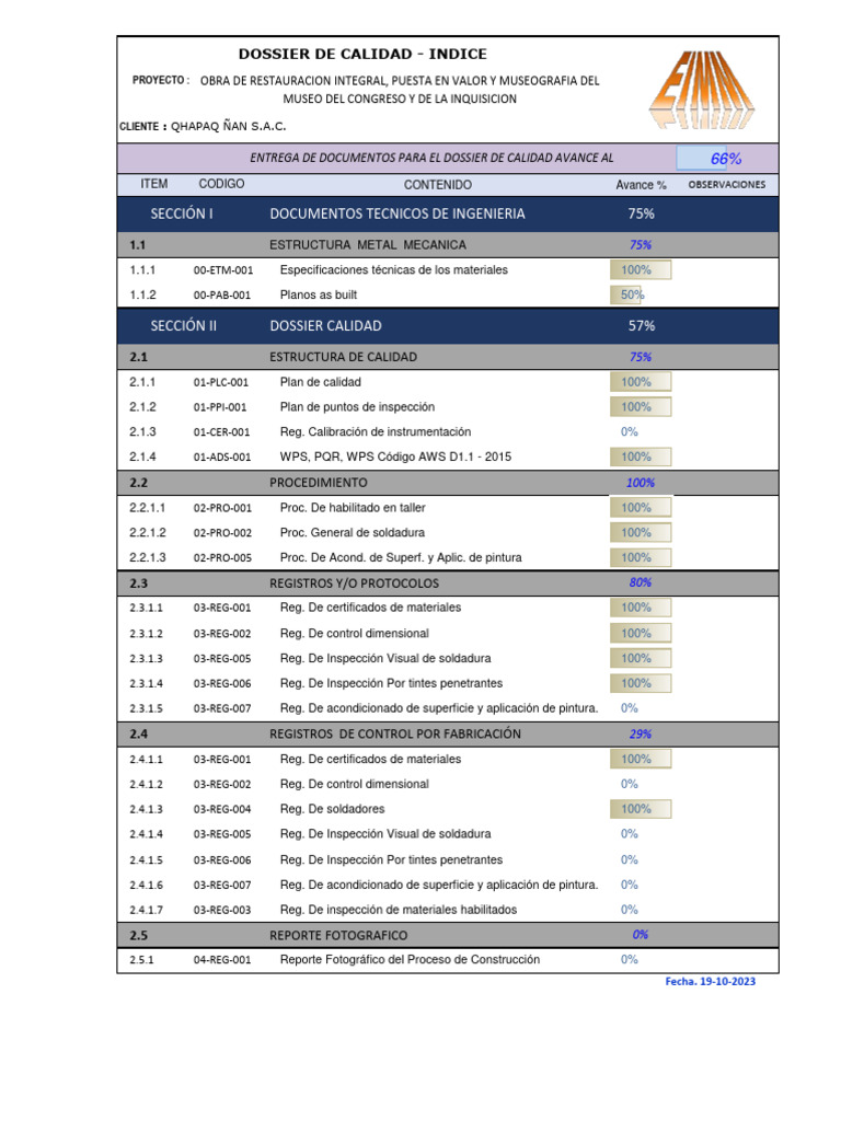 Indice de Dossier de Calidad. Avance Porcentual 2 | PDF | Procesos industriales | Materiales